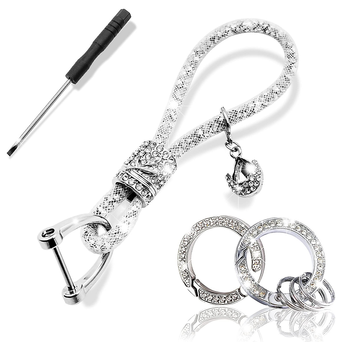 Crystal Car Keychain for Women, Fashion Keychain Accessories With Bling Rhinestones, Universal for Car Key (White)