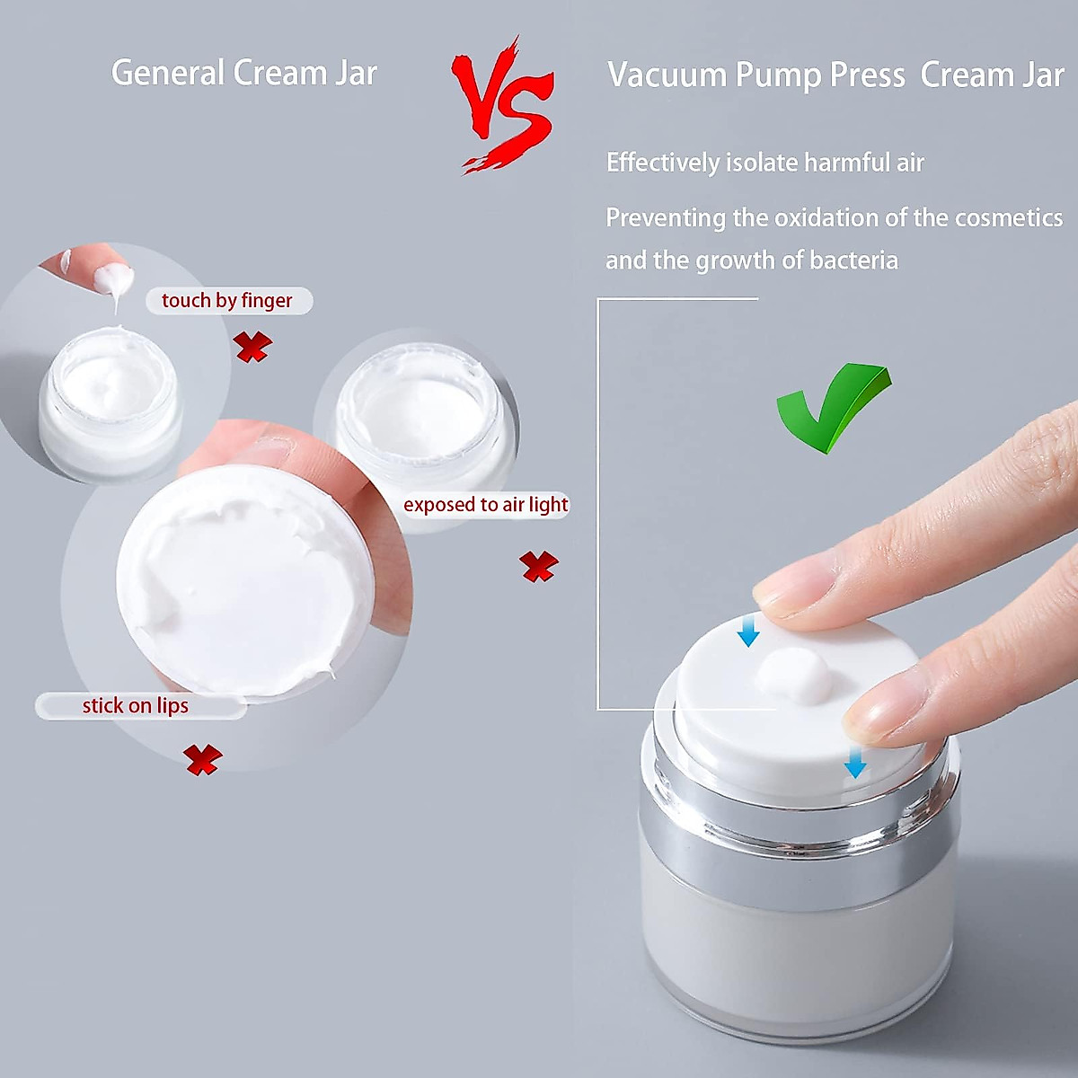 Qeuly 1 oz Cream Jar Vacuum Bottle, Airless Pump Jar Bottle Travel Containers for Lotions and Creams Leak Proof Empty Acrylic Refillable Cosmetic Jar Container with Pump