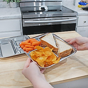 Darware Stainless Steel Divided Plates/Compartment Trays (4-Pack); 9.8 x 8.1 Inches Oblong 3-Section Mini Trays, Great Size for Kids, Portion Control, Camping