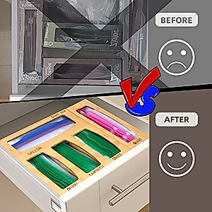 Deep sea Ziplock Bag Storage Organizer and Dispenser for Kitchen Drawer, Bamboo Kitchen Food Storage Bag Holders Compatible with Gallon Quart Snack Bags & Sandwich