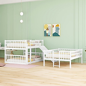 Triple Bunk Bed with Slide, Full Over Full Over Full Bunk Bed Convertible Triple Beds for Kids/Teens/Adults, White