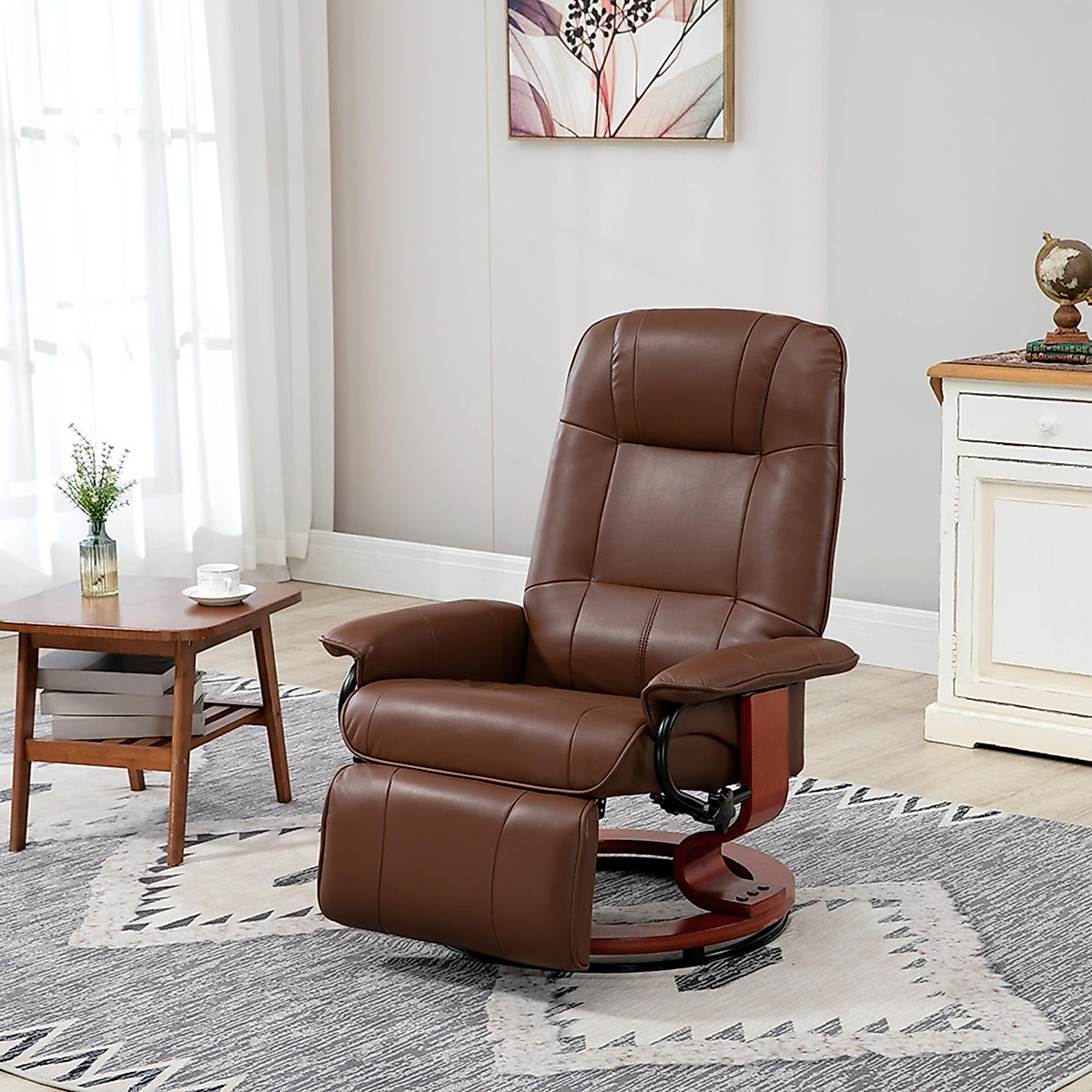 HOMCOM Faux Leather Manual Recliner, Adjustable Swivel Lounge Chair with Footrest, Armrest and Wrapped Wood Base for Living Room, Brown