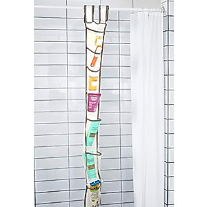 Home-X Hanging Mesh Organizer with Six Pockets, Shower Caddy with Hook and Loop Hanger for Shower Rod, 58" L x 7" W, White/Gray