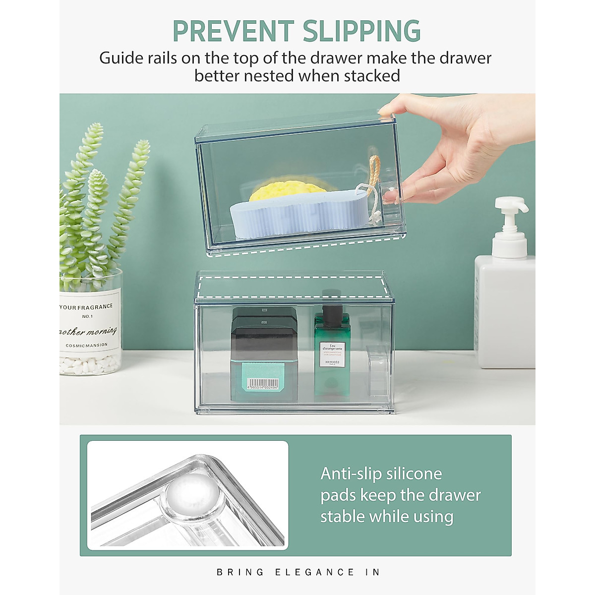 Syntus 3 Piece Set Stackable Makeup Organizers, 4.4'' Tall Acrylic Drawer Organizer, Clear Plastic Cosmetics Storage Drawers for Vanity, Undersink, Bathroom Organizer, Skincare, Kitchen Cabinets