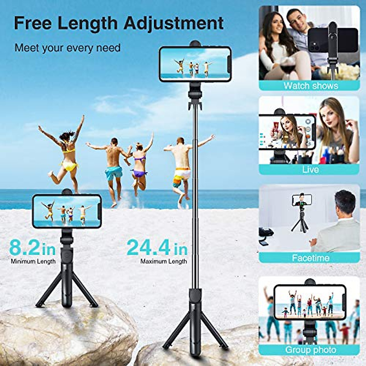 Phone Tripod Stand, Selfie Stick Tripod - Extendable Tripod Stick with Remote - Wireless Selfie Stick Tripod, Portable Tripod for Phone (Black)