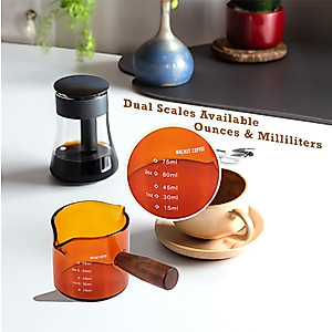 Amber 3.5oz Espresso Shot Glass Double Spouts with American Walnut Handle, Double Spout Glass Measuring Cup, Milk Frothing Pitcher