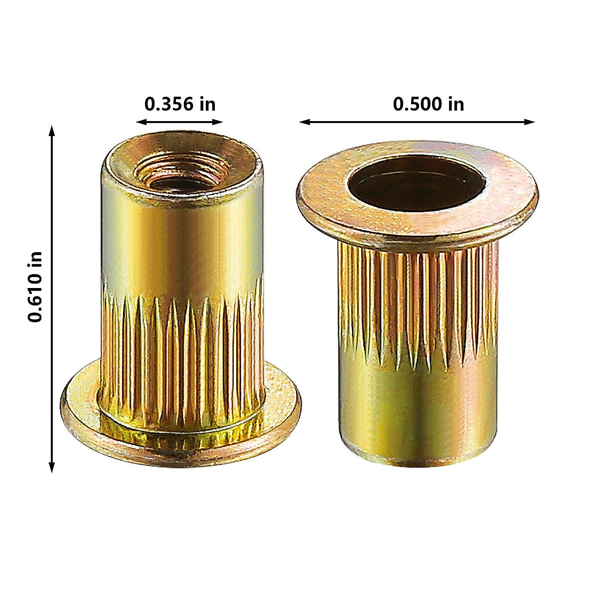 Wensilon 200Pcs Rivet Nut 1/4-20UNC Yellow Zinc Plated Finish Flat Head Rivnut Threaded Insert Nut Knurled Body
