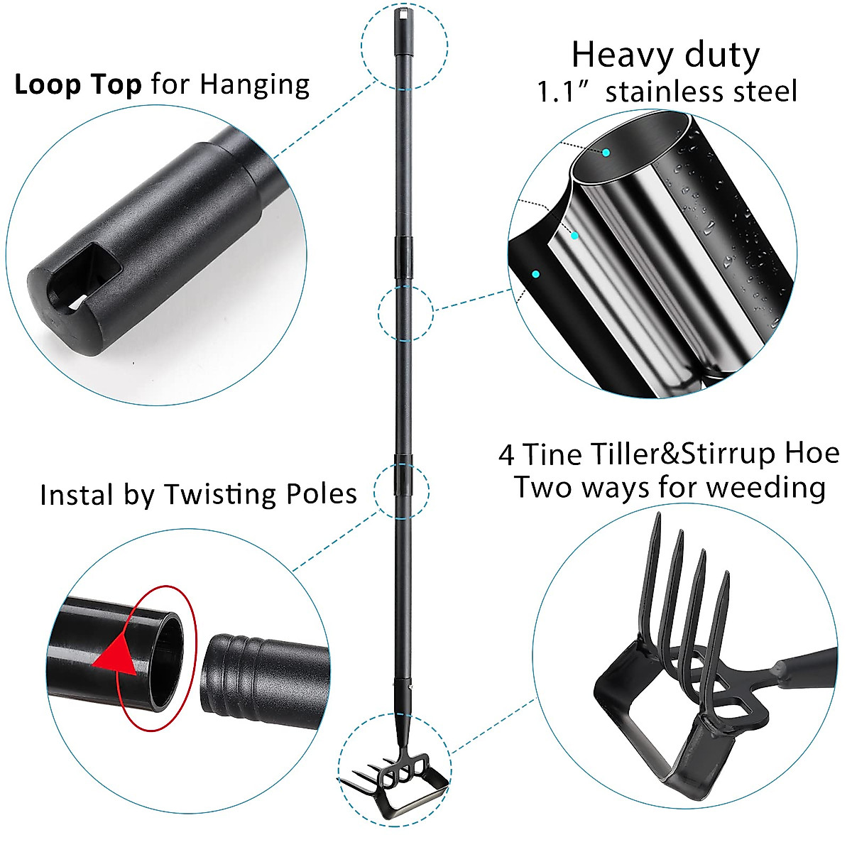 Cultivator Hoe Garden Tools for Gardening, Heavy Duty Stainless Steel 4 Tine Hand Garden Rake Cultivator and Stirrup Hoe Long Handle for Women Weeding Loosening Digging 30-60 inch