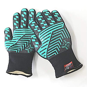 J H Heat Resistant Oven Glove:EN407 Certified 932 °F, 2 Layers Silicone Coating, Oven Mitts for Cooking, Kitchen, Fireplace, Grilling, 1 Pair (Regular Cuff, Black Shell with Green Coating)