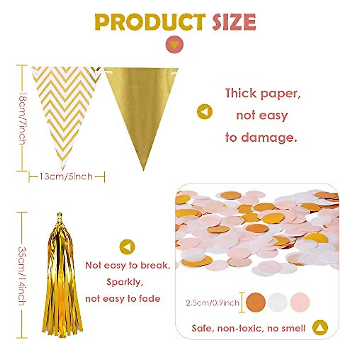 MerryNine Sparkly 30PCS Gold Tassel Garland and 15PCS Paper Pennant Banner Triangle Flags Bunting and 10g Gold Paper Confetti