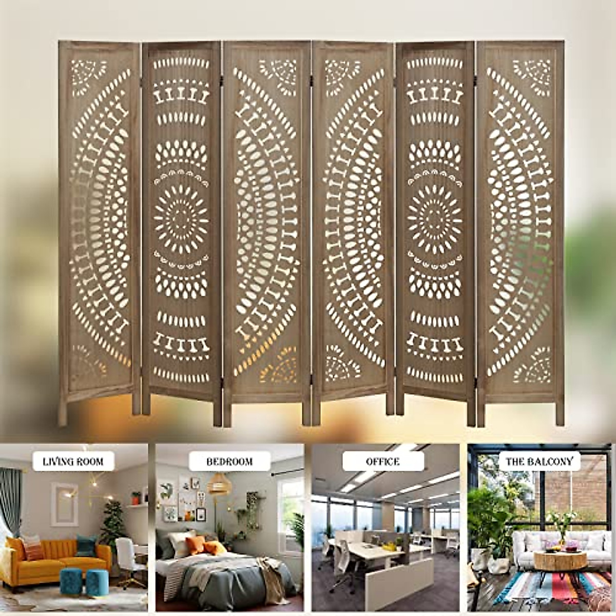 ECOMEX 6 Panel Room Divider, Folding Room Divider Freestanding Privacy Screen Divider, Carved Wood Room Divider for Bedroom Home Office Apartment Studio Hotel Restaurant Garden Terrace (Brown)