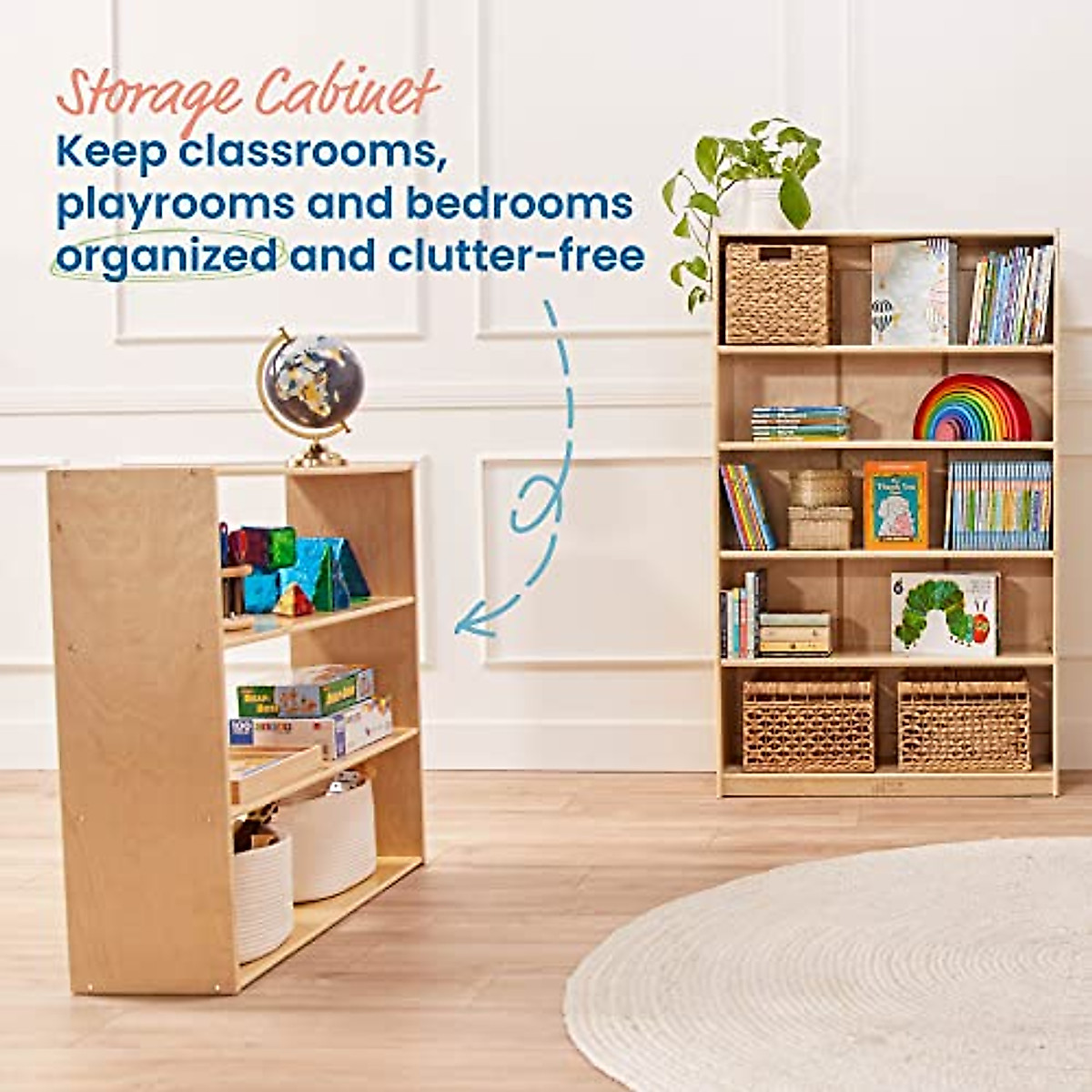 ECR4Kids Streamline 3-Shelf Storage Cabinet, 36in High, Double-Sided Display, Natural