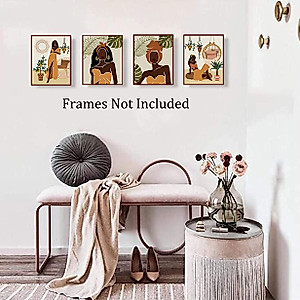 Modern Minimalist Black Woman Leaf Art Painting African American Women Art Painting Black Girl Wall Art Fashion Pop Boho Queen Girl Room Poster Painting Female Bathroom Bedroom Dressing Room Wall Home