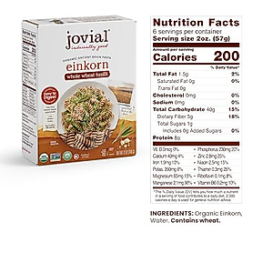 Jovial Einkorn 100% Organic Whole Grain Fusilli - Einkorn Pasta, High Protein, Non-GMO, USDA Certified Organic, Lower Carb, Delicious Pasta Made in Italy - 12 Oz, 6 Pack