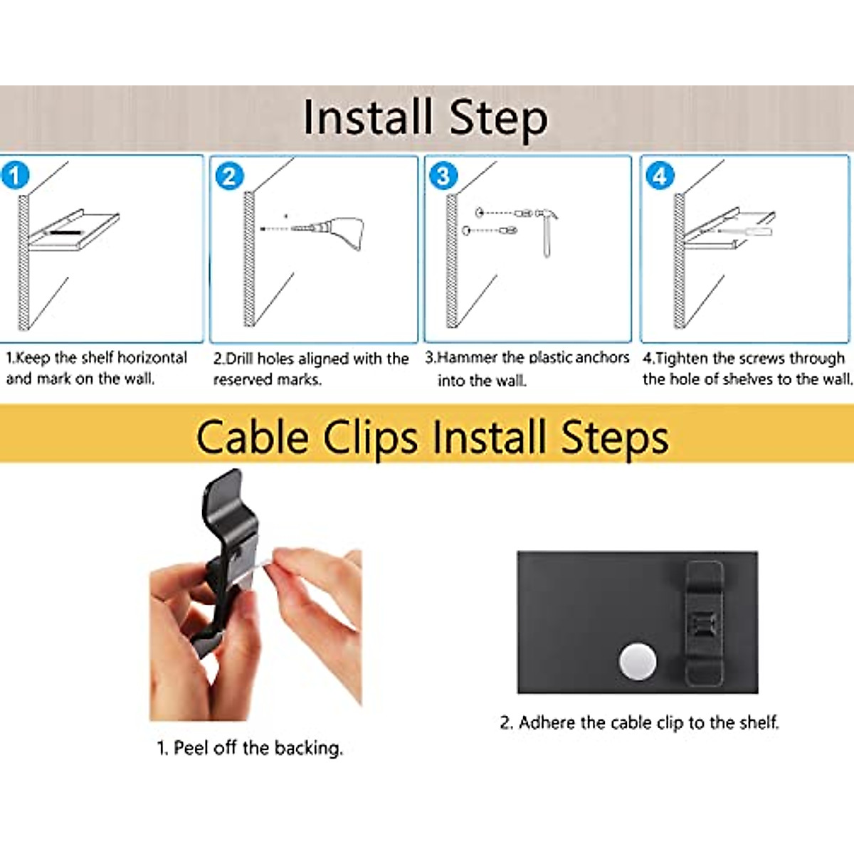Z metnal Metal Floating Shelves with Cable Clip, Shelves for Bluetooth Speaker Router Cameras, Wall Mounted, Display Shelf, Matt Black, Aluminum, 12 inch, 2 Pack