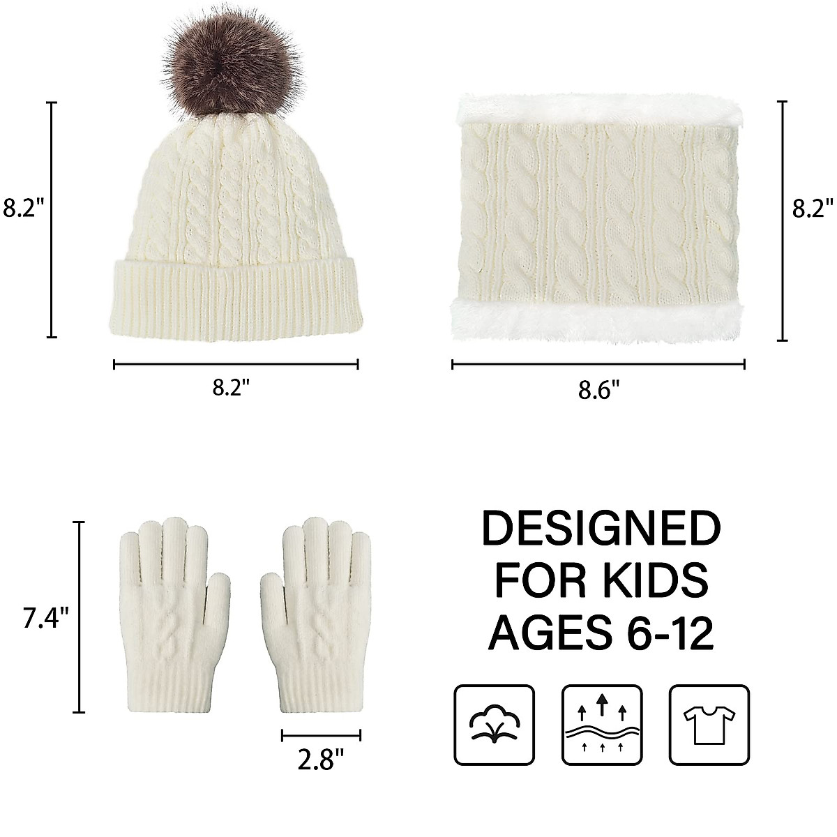 Kids Hat Gloves Scarf Set Girls Boys Winter Warm Knitted Beanie Knit Fleece Lined Neck Warmer Scarves Thick Thermal Cap with Cute Furry Pom White 3Pcs Cold Weather Snow Accessories for Children Child
