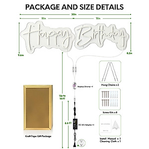30x8 Inch Happy Birthday LED Neon Sign for Backdrop Decor, Happy Birthday Light Up Sign Adjustable with Stepless Dimmer, 12v Adapter and Hanging Chains for Birthday Party Decoration (Warm White)