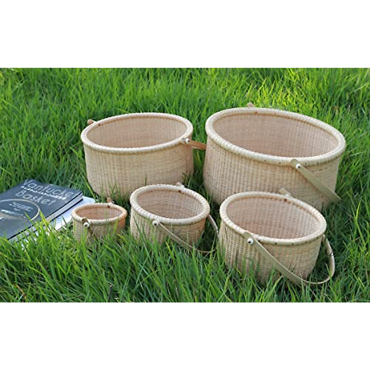 Teng Jin Open Round Nantucket Lightship Baskets with Handles Handwoven Storage Serving Baskets for Easter, Picnics, Gifts, Home Decor and More several sizes ranging from 5” 13”