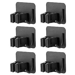 Mop Broom Holder Wall Mounted Heavy Duty No Drill, Adhesive Mop 304 Stainless Steel Mop Hanger Wall Mount Stick on w Hooks for Bathroom Kitchen Closet Garage Garden Organizer with 6 Hooks (Black)