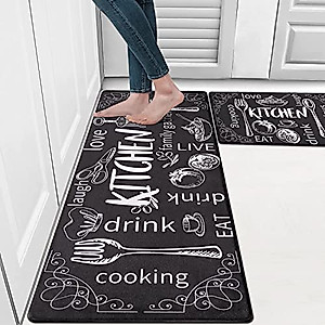 HEBE Anti Fatigue Kitchen Mat Set of 2 Non Slip Thick Cushioned Kitchen Rug Sets with Runner 17"x48"+17"x28" Heavy Duty Comfort Standing Mats Waterproof Kitchen Carpet