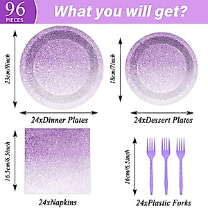 96 Pcs Ombre Purple Party Supplies Set for 24 Guests Gradient Pastel Purple Tableware Plates Dinnerware Table Decorations for Girl Woman Light Purple Sprinkle Wedding Birthday Anniversary Party Favors