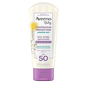 Aveeno Baby Continuous Protection Zinc Oxide Mineral Sunscreen Lotion for Sensitive Skin with Broad Spectrum SPF 50, Tear-Free, Sweat- & Water-Resistant, Travel-Size, 3 fl. Oz