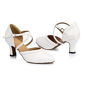 BININBOX Women's Glitter Sequin Criss Cross Strap Closed-Toe Buckle Ballroom Latin Dance Shoes Ladies White Dance Shoes with Heel (8.5 B(M) US,Heel-Height 7CM for Indoor)
