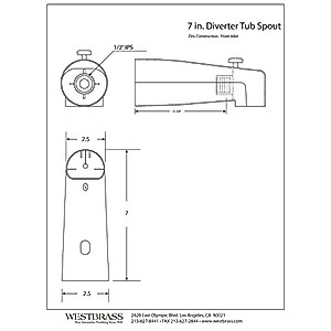 Westbrass A507D-1F-26 7" Reach Wall Mount Tub Spout with Diverter, Polished Chrome