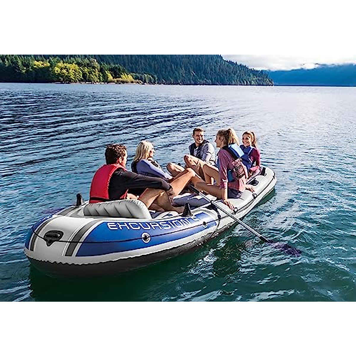 INTEX 68325EP Excursion 5 Inflatable Boat Set: Includes Deluxe 54in Aluminum Oars and High-Output Pump – Adjustable Seats with Backrest – Fishing Rod Holders – 5-Person – 1320lb Weight Capacity