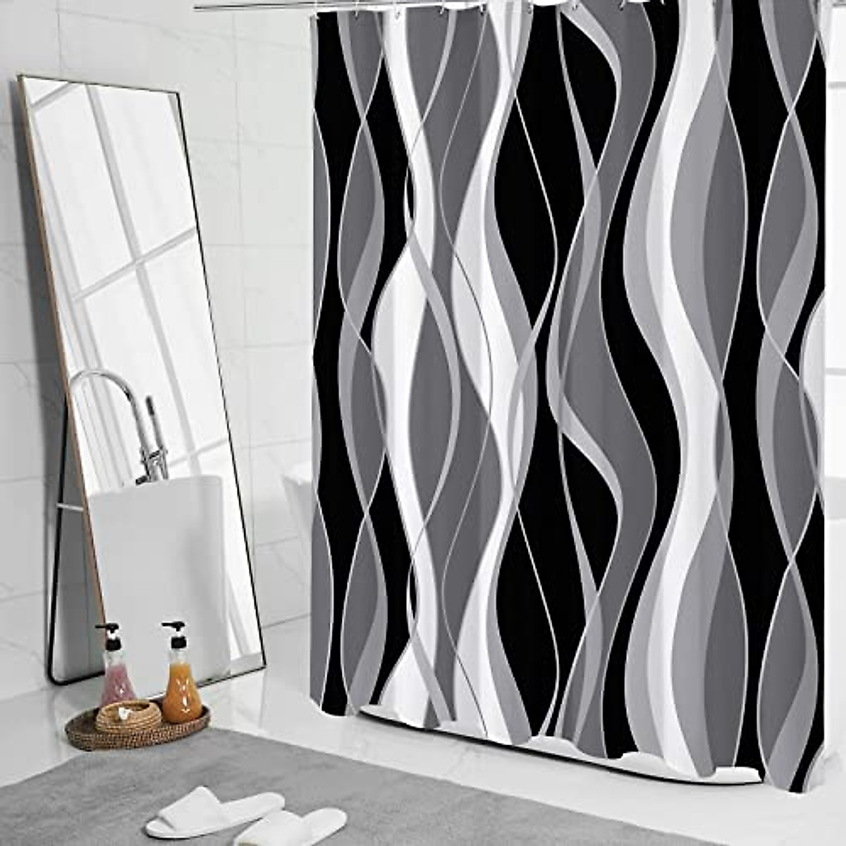 Gibelle Black and Grey Shower Curtain, Gray and White Abstract Modern Bathroom Decor, Waffle Weave Textured Fabric Shower Curtain Set with Hooks, 72x72