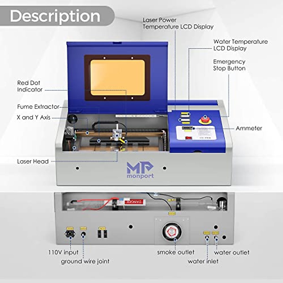 Monport 40w Lightburn with GCode License Key for Lightburn Software 40W Laser Engraver (8" X 12") CO2 Laser Engraver with Red Dot Guidance, 3 LED Monitor Display and Water Cooling System