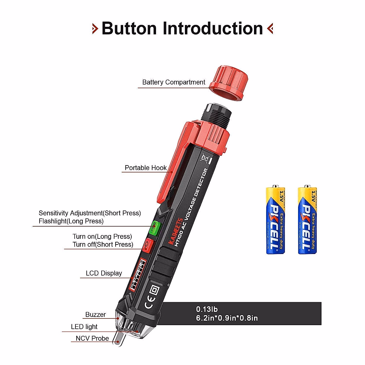 KAIWEETS HT100 Non Contact Voltage Tester AC Electricity Detect Pen 12V-1000V/48V-1000V Dual Range with LCD Display LED Flashlight Buzzer Alarm Wire Breakpoint Finder