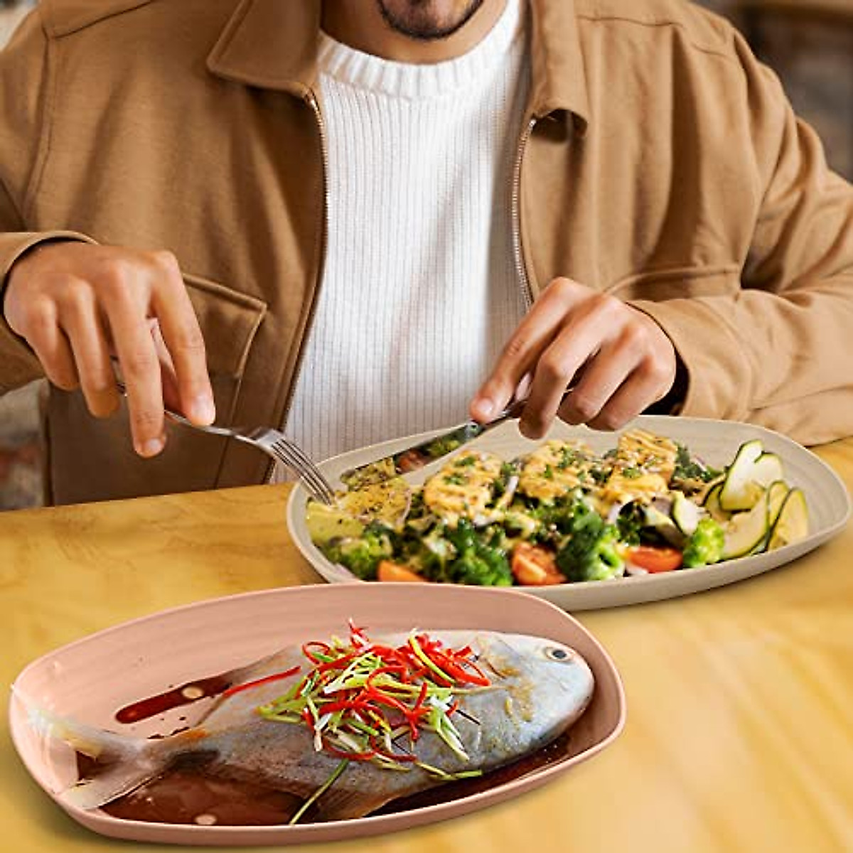 4Pcs Wheat Straw Plates and Bowls Sets - 11 Inch Dishwasher Safe Plates Microwave Safe Plastic Dinnerware Set - Unbreakable Dishes Wheat Straw Utensils - Kids Dinnerware Storage Set Reusable Plates