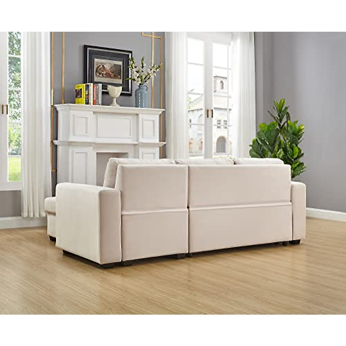 Legend Vansen 91" Wide Reversible Sofabed Sectional Sofas with Chaise，Velvet Storage L-Shape Twin Size for Living Room Couch Sleeper, Cream