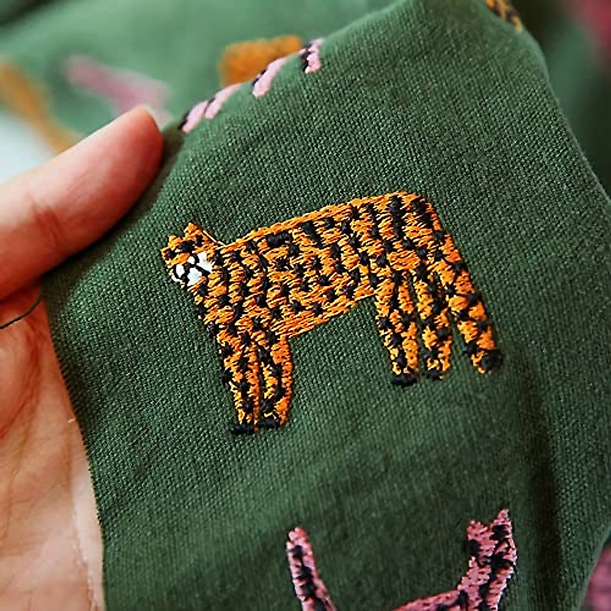 Tiger Embroiderd Linen Cotton Fabric,Green Embroidered Fabric,Designer Fabric,Quilting Fabric,Fabric by Yard,Thick Fabric,Linen Fabric