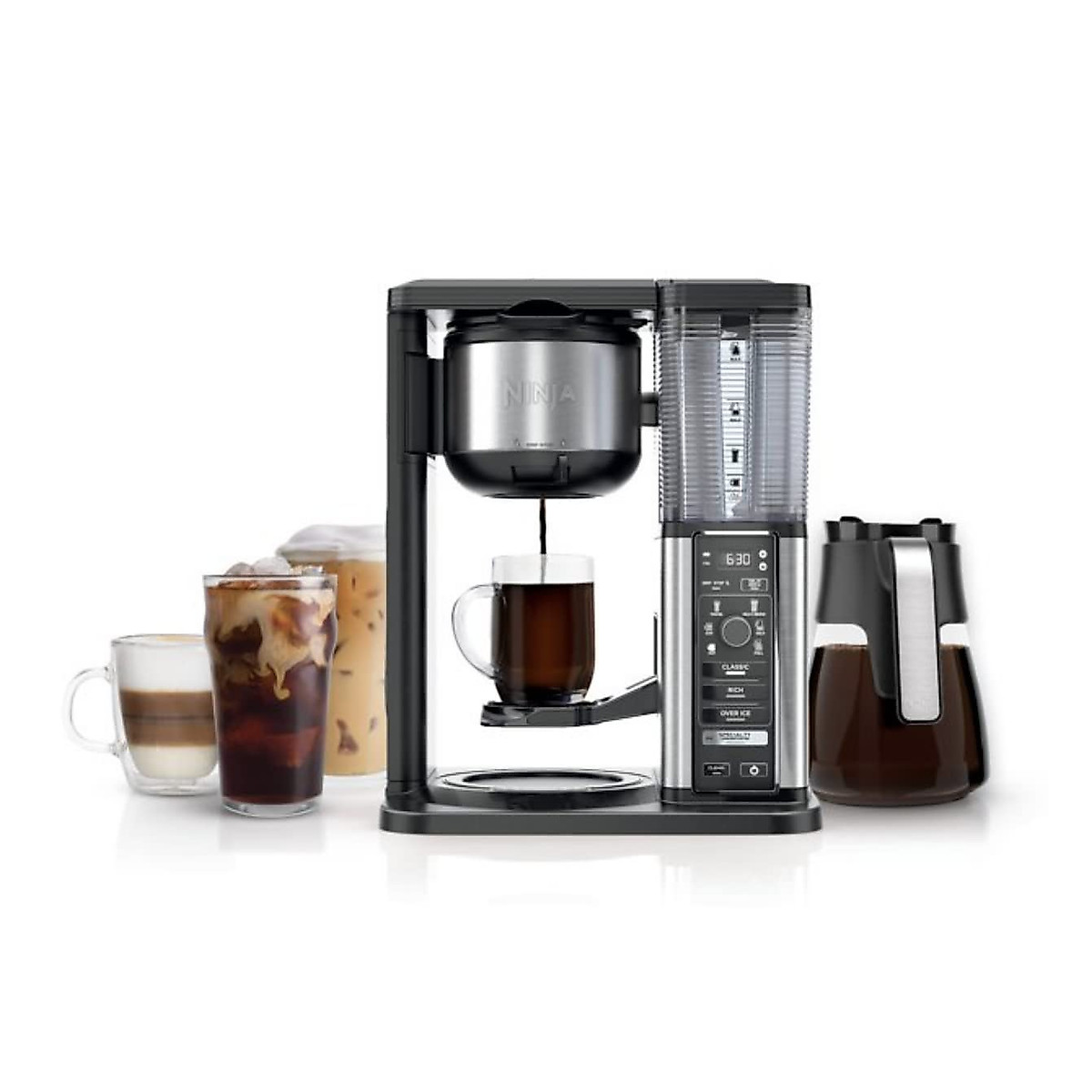 Ninja Specialty Coffee Maker CM400, Removable Water Reservoir, Glass Carafe, Single-Cup Brewing Fold Away Cup Platform