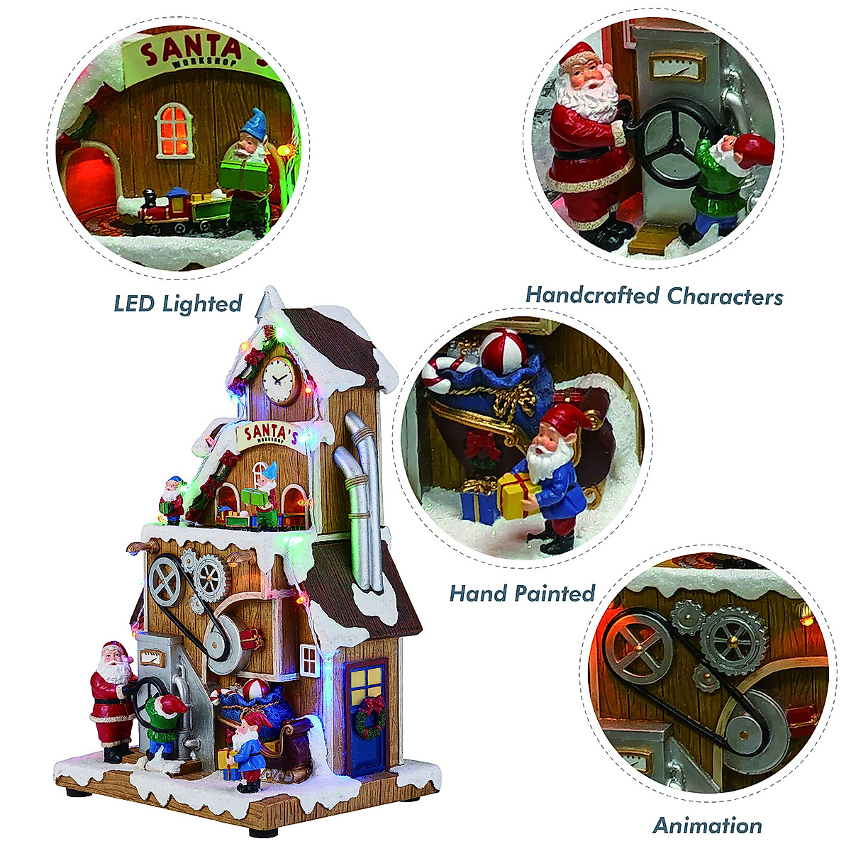 Moments in Time Christmas Village Building, Santa's Workshop with Christmas Music, LED Lights, and Animation - Power Adapter (Included) (11.6" H x 5.7" W x 7.1" D)