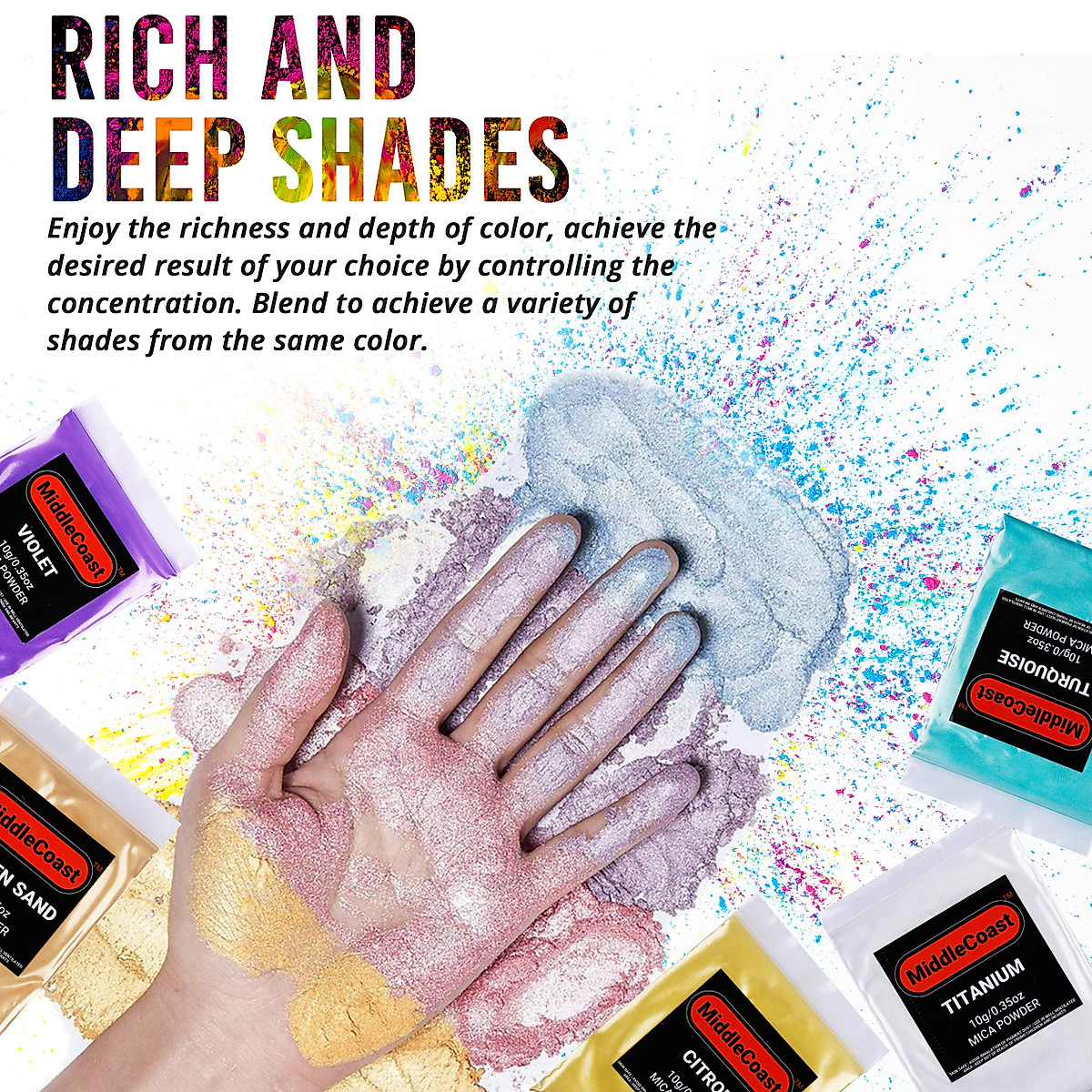 MIDDLECOAST Mica Powder for Epoxy Resin (8.8oz/250g) 25 Colors with Spoon, (0.35oz/10g Each) Pigment Powder for Soap Making, Bath Bombs, Makeup, Slime Powder, Candle Dye and Lip Gloss Pigment