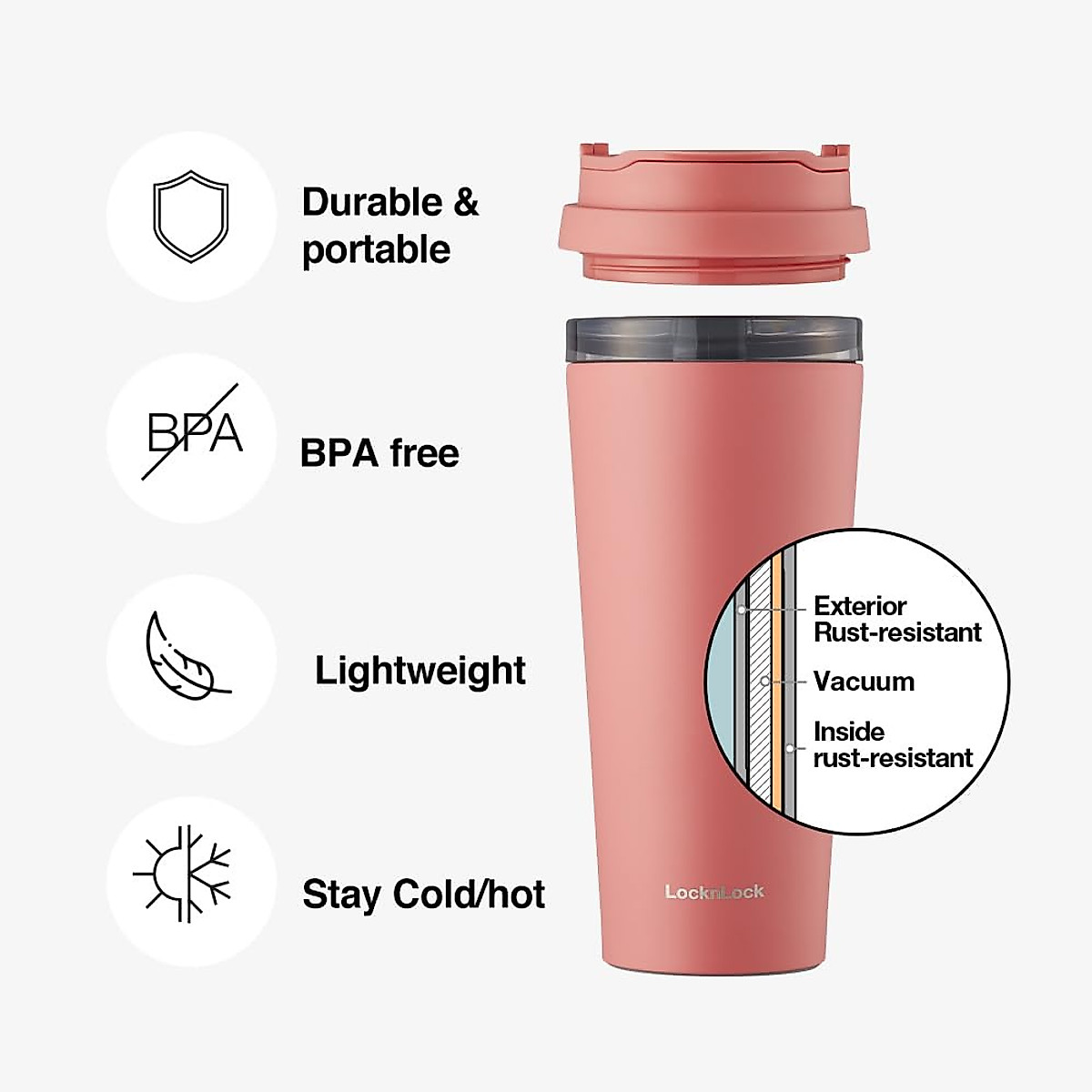 LocknLock Clip Tumbler Yellowish Red (Pink) 18oz Coffee Tumbler with Leak Proof Lid, BPA-Free Double Wall Stainless Steel Vacuum Insulated Travel Mug Valentines Day Gifts