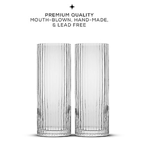 JoyJolt 16oz Fluted Highball Glasses - 2 Ribbed Tall Cocktail Tumblers for Gin, Juice, Water