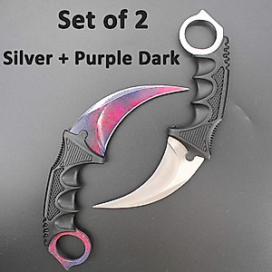 Karambit Knife, Set of 2, CS-GO for Hunting Camping Fishing and Field Survival, Stainless Steel Fixed Blade Tactical Knife with Sheath and Cord (Silver + Purple Dark).