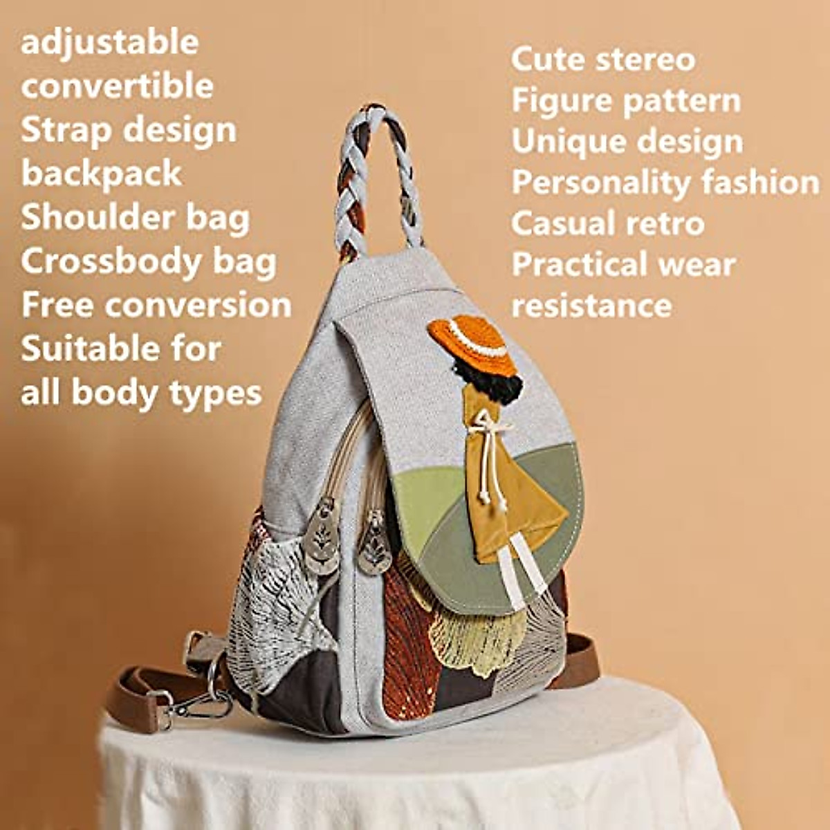 YIMOYICAI Backpack Purse for Women Girl's Convertible Sling Bag Boho Hippie Embroidered Woven Canvas with Woven Cotton Perfect Small Sling Bag Girl in the Wind