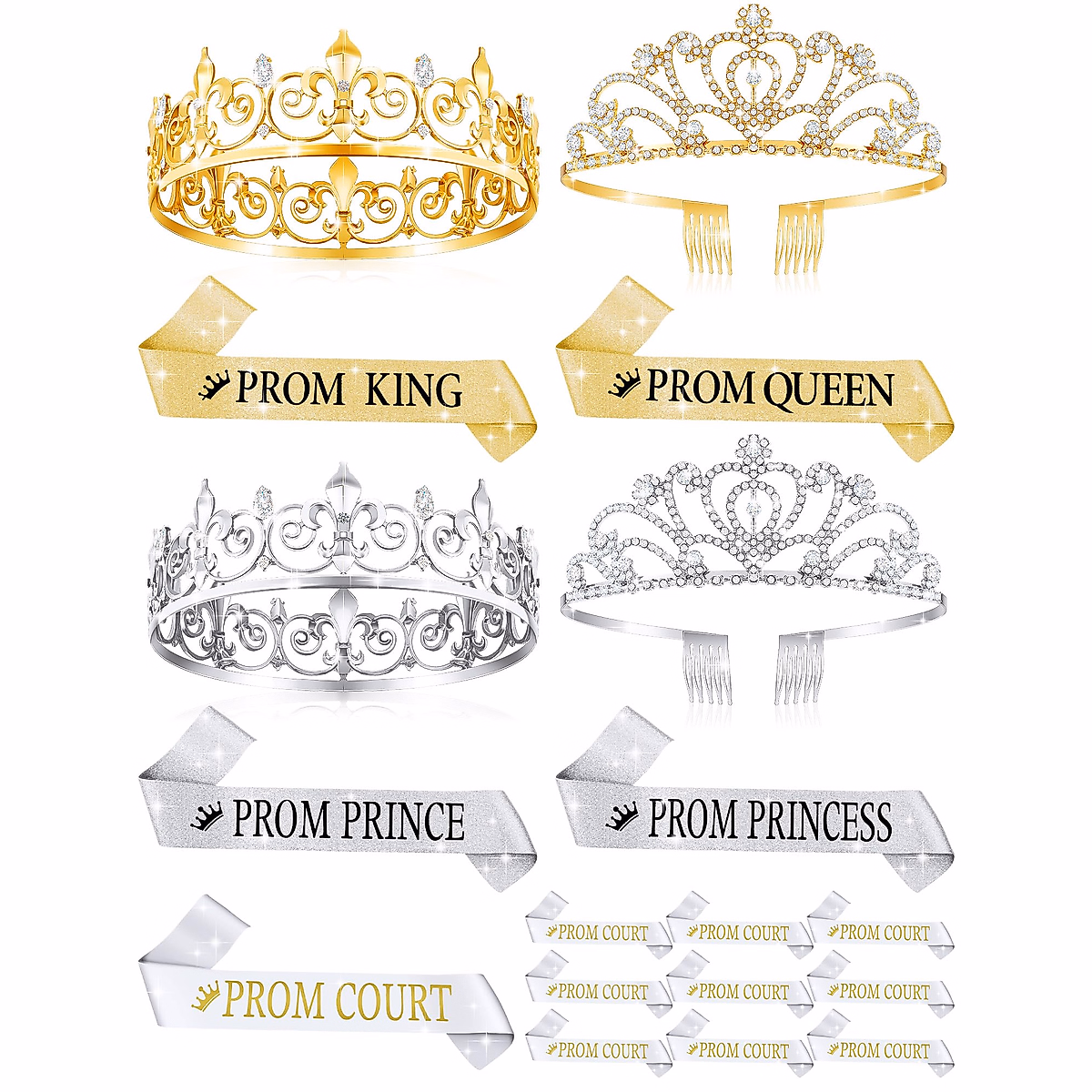 SilTriangle 18 Pcs Prom Costume Headwear Set - Shiny Satin Crowns & Sash for King, Queen, Prince, Princess, and Prom Court - Elegant Accessories for Graduation, Cosplay, Party