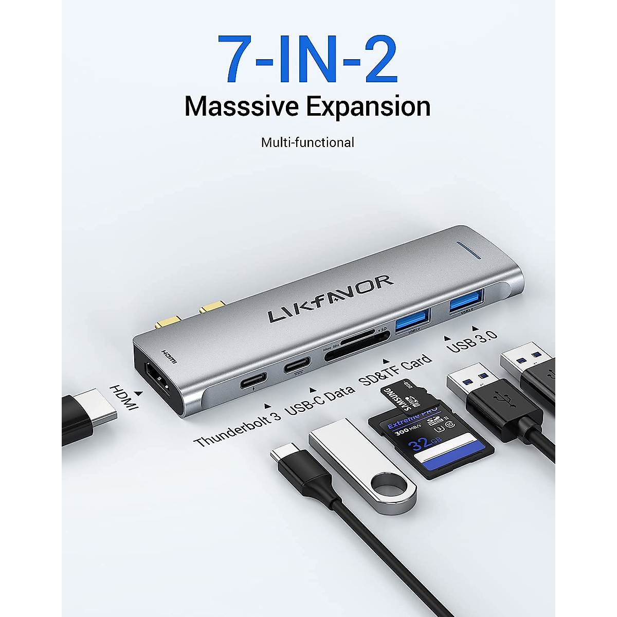 LIKFAVOR USB C Hub, 7-in-2 Type-C Docking Station, USB to HDMI Dongle for MacBook Pro/Air, PD 3.0 Charging, Multiport Adapter with 4K HDMI, SD/TF, and Thunderbolt 3 100W, 40Gbps Data Transfer