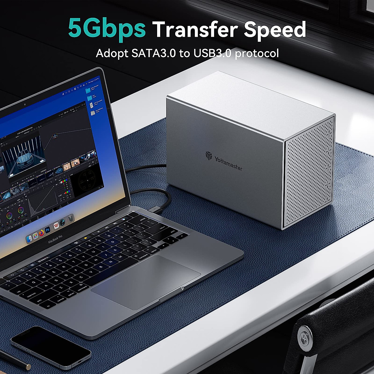 Yottamaster 5 Bay External Hard Drive Enclosure, Aluminum USB3.0 3.5" HDD Enclosure for 3.5 & 2.5 Inch SATA HDD/SSD, Support 90TB(5x18TB) Direct Attached Storage DAS, Non-RAID [PS500U3]