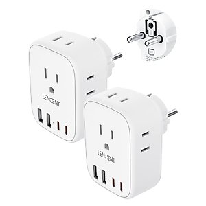 LENCENT 2 Pack Germany France Travel Power Adapter, Schuko Type E/F Power Plug Adaptor with 4 USB Ports(2 Type C),4 Outlet Converter, US to EU Spain French German Norway Iceland Korea, Cruise Approved