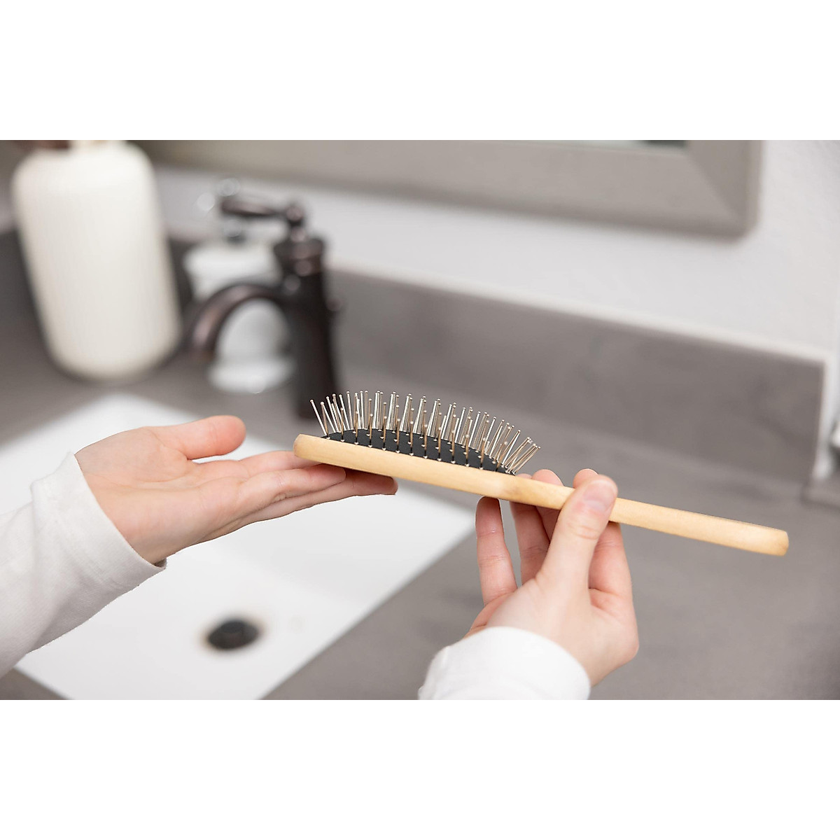 GranNaturals Metal Pin Bristle Hair Brush - Detangling, Anti-Static Paddle Grooming Tool - Rounded Steel Bristles, Ergonomic Wooden Handle - Scalp Massaging Comb - For Normal, Curly, Thick Hair, Wigs