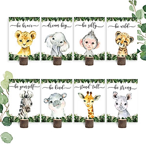 8Pcs Jungle Safari Centerpieces and Wooden Stands, Safari Baby Shower for Table Decorations, Jungle Animal Birthday Party Centerpiece for Boys Kids, Wild One Themed Birthday Party Supplies