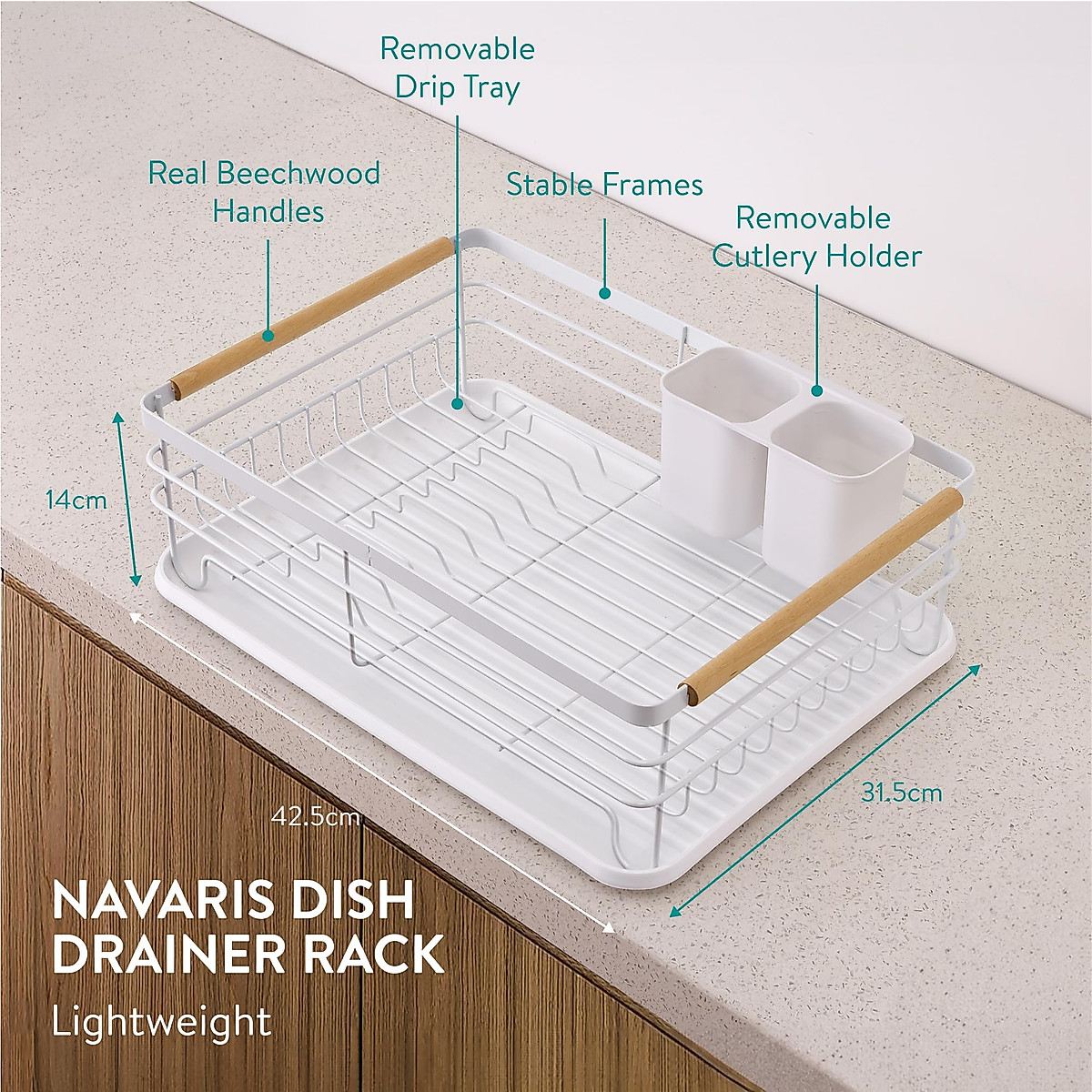 Navaris Dish Drainer Rack - Plate, Silverware, Pots and Pans Drying Rack for Kitchen with Beechwood Handles - Modern Retro Design Drip Tray - White
