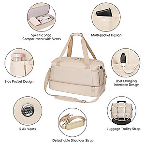 ETRONIK Gym Bag for Women, 55L Travel Duffel Bag with USB Charging Port, Weekender Overnight Bag with Wet Pocket and Shoes Compartment for Women Travel, Large Size (Khaki)